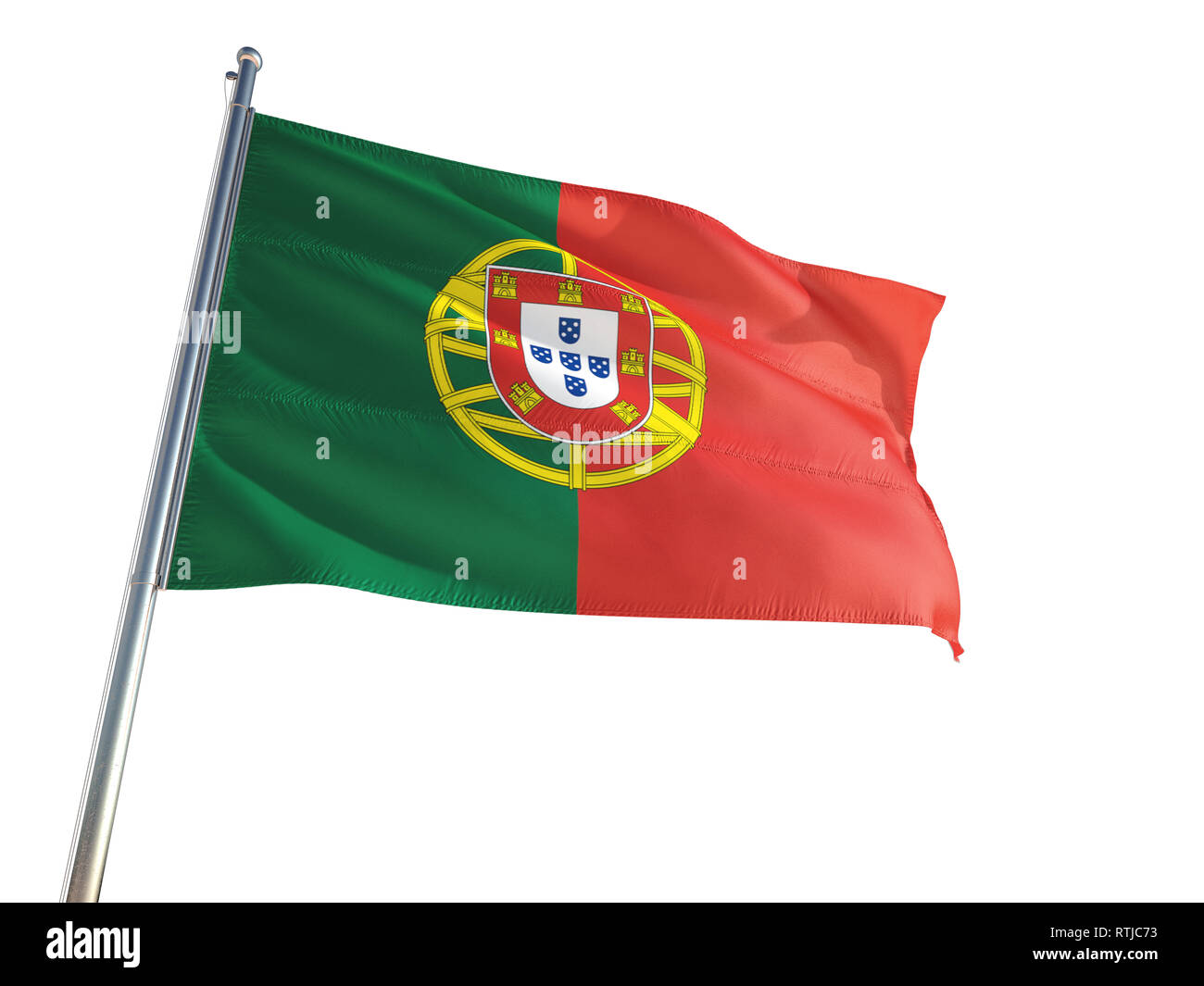 Portugal National Flag waving in the wind, isolated white background ...
