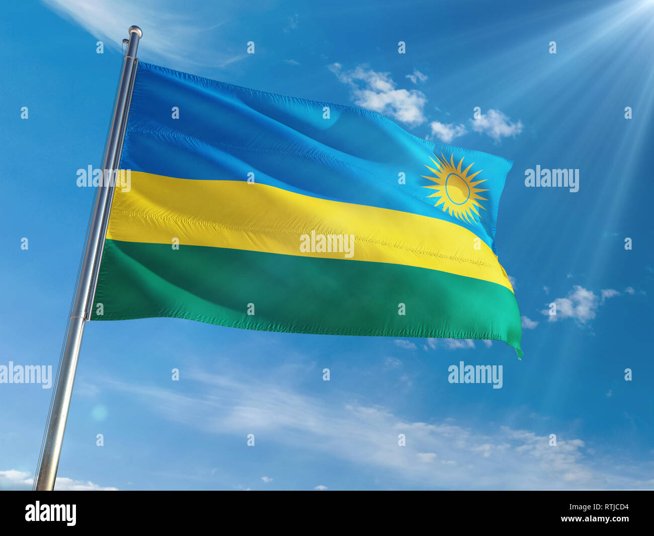 Rwanda National Flag Waving on pole against sunny blue sky background ...