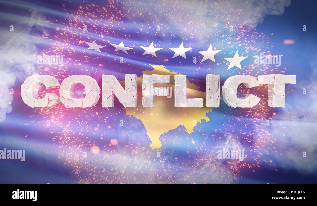 Conflict concept in Kosovo. Waved highly detailed fabric texture. 3D ...