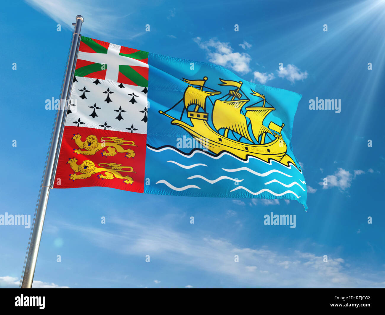Saint Pierre And Miquelon National Flag Waving on pole against sunny ...