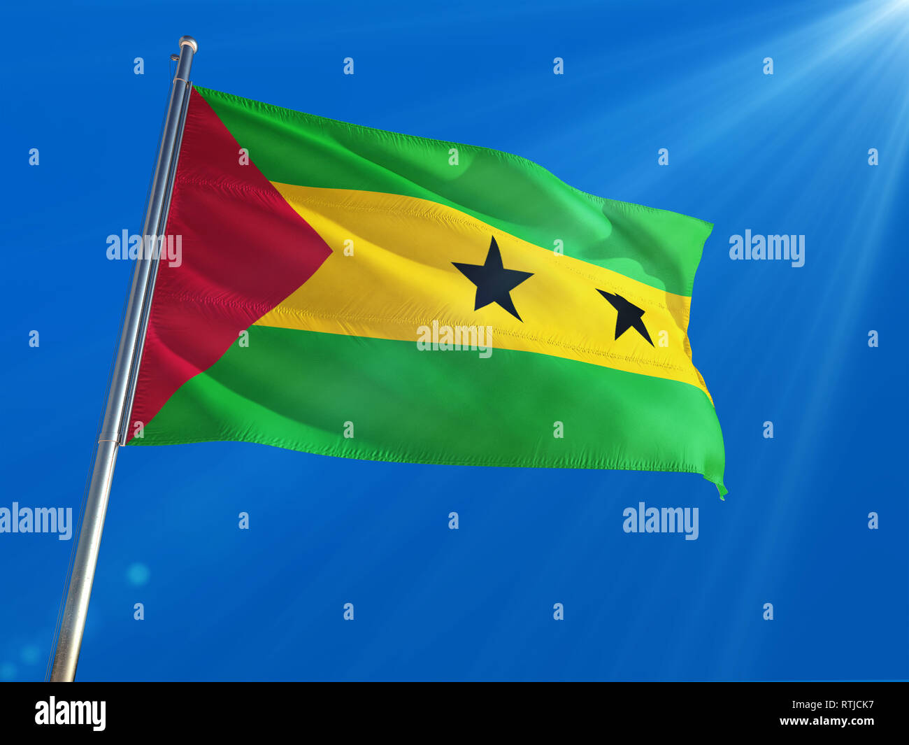 Sao Tome And Principe National Flag Waving on pole against deep blue ...