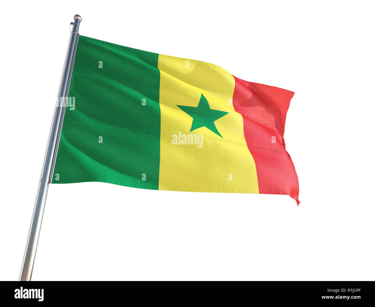 Senegal National Flag waving in the wind, isolated white background ...