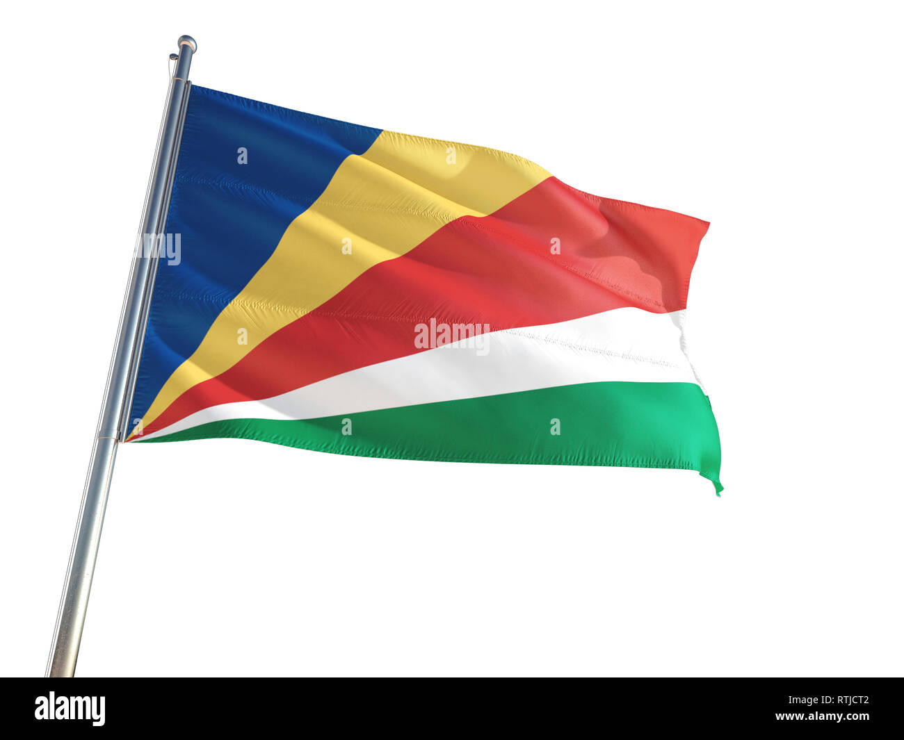 Seychelles National Flag waving in the wind, isolated white background ...