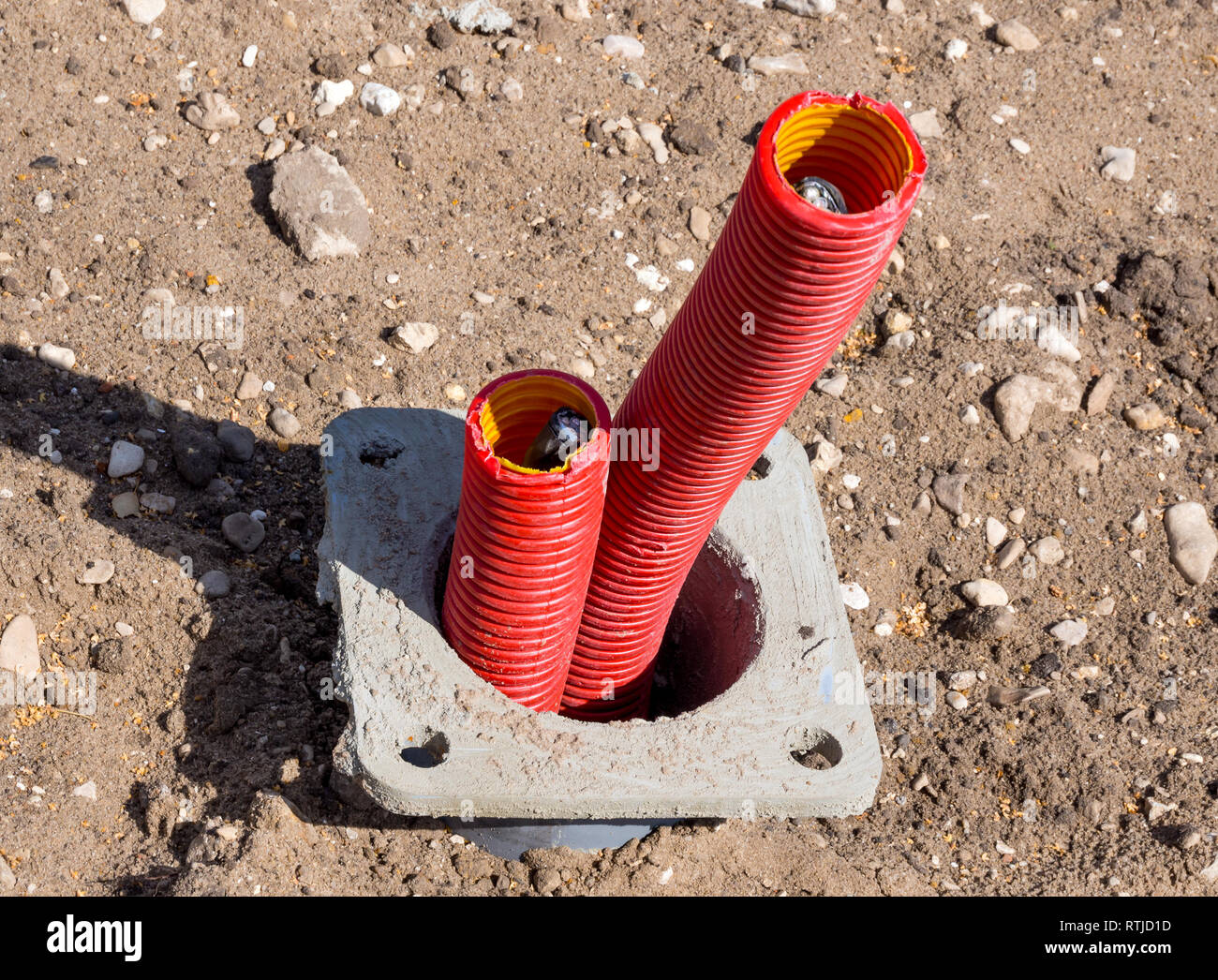 Installation of underground cable entry during construction Stock Photo ...