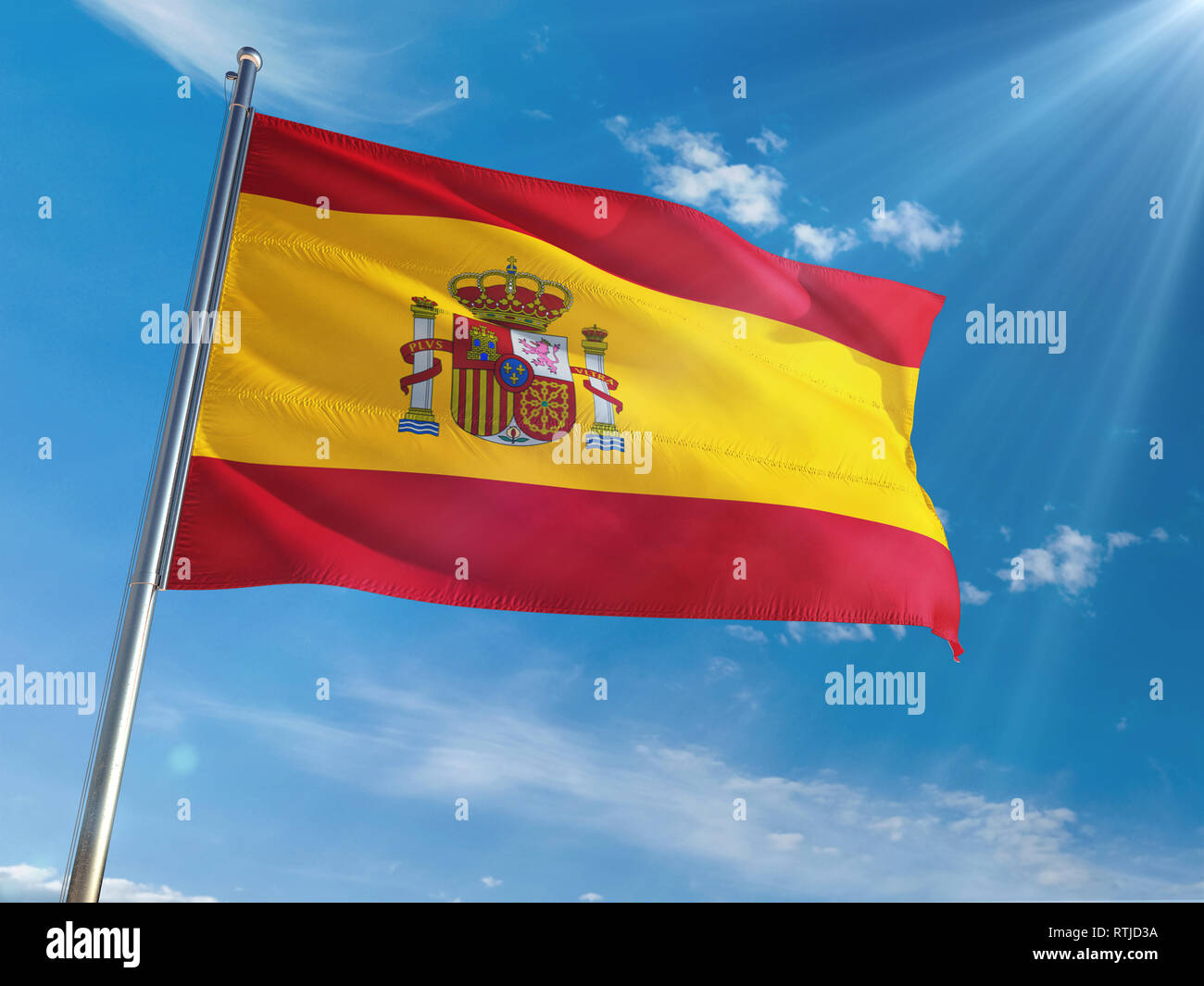 Spain National Flag Waving on pole against sunny blue sky background. High Definition Stock ...
