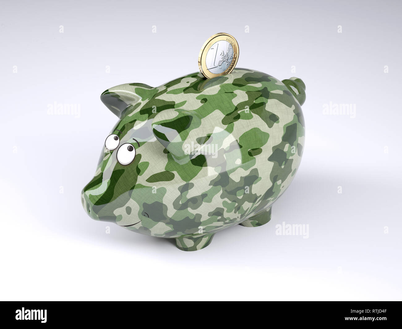 military camouflage painted piggy bank with euro coin isolated on gray ...