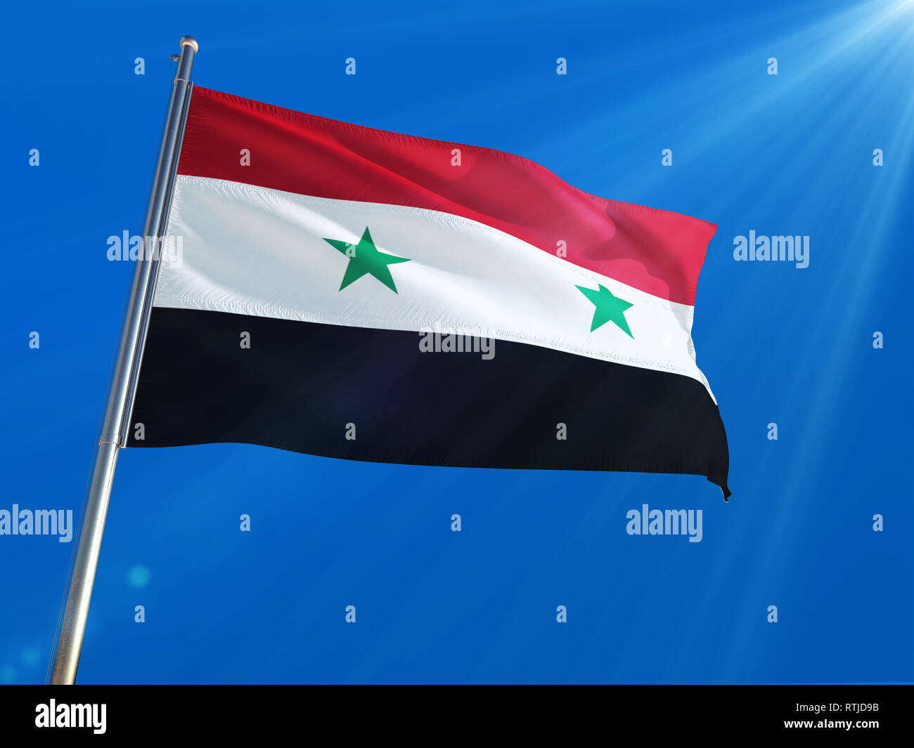 Syria National Flag Waving on pole against deep blue sky background ...