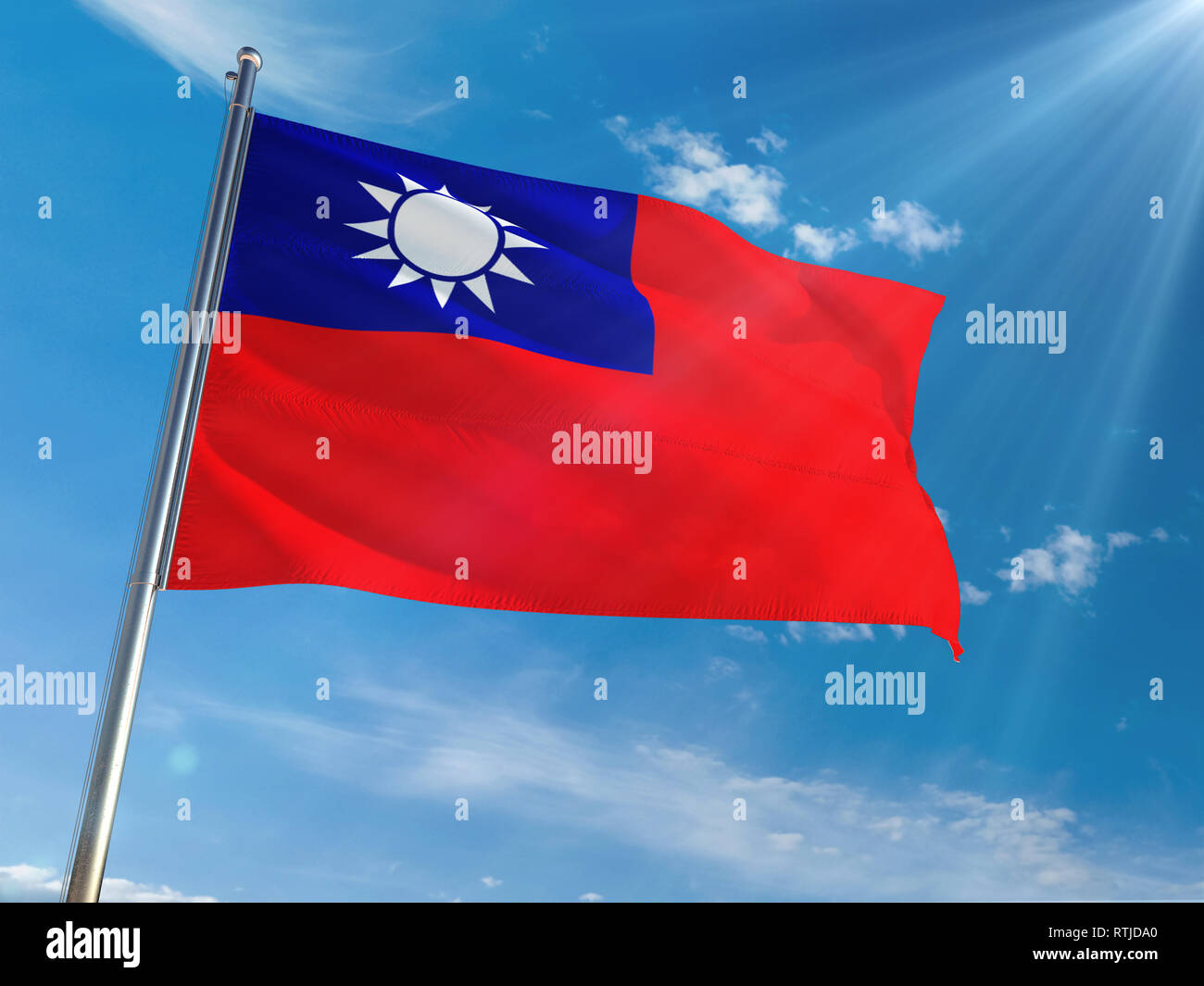 Taiwan National Flag Waving on pole against sunny blue sky background ...