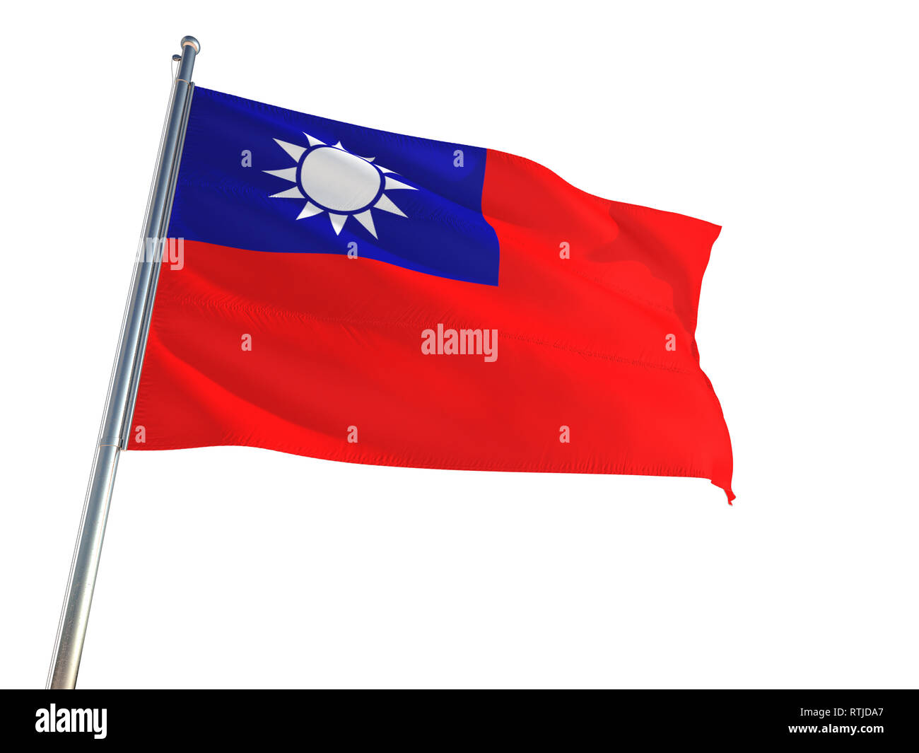 Taiwan National Flag waving in the wind, isolated white background ...