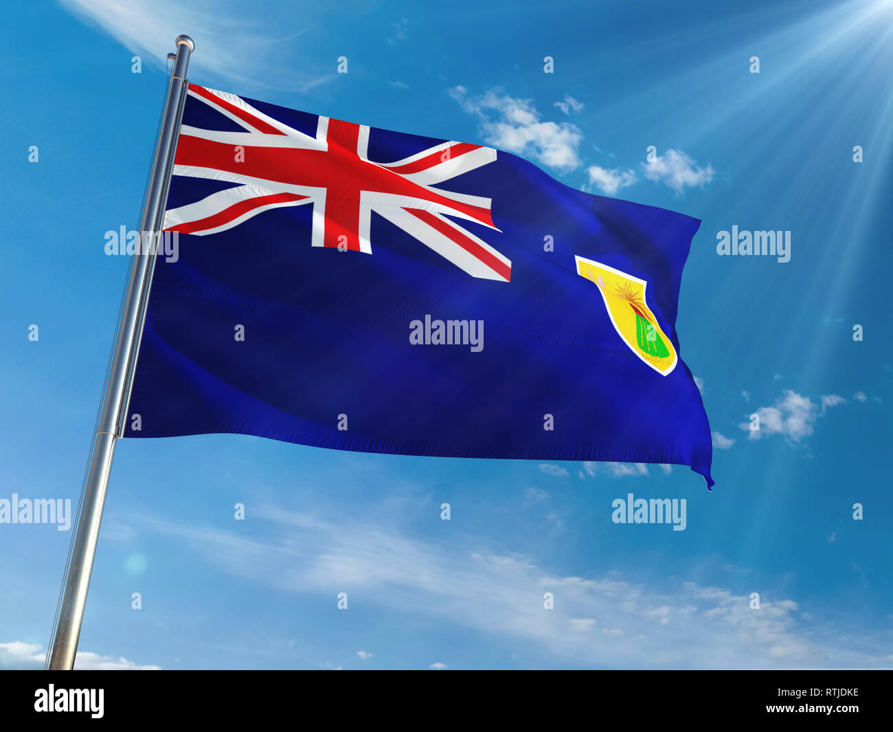 Turks And Caicos Islands National Flag Waving on pole against sunny ...