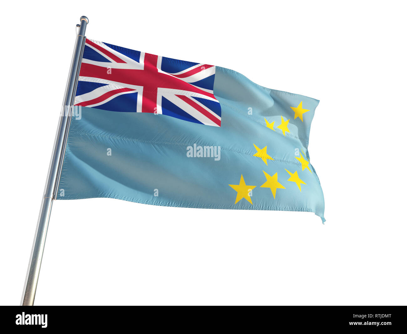 Tuvalu National Flag waving in the wind, isolated white background ...