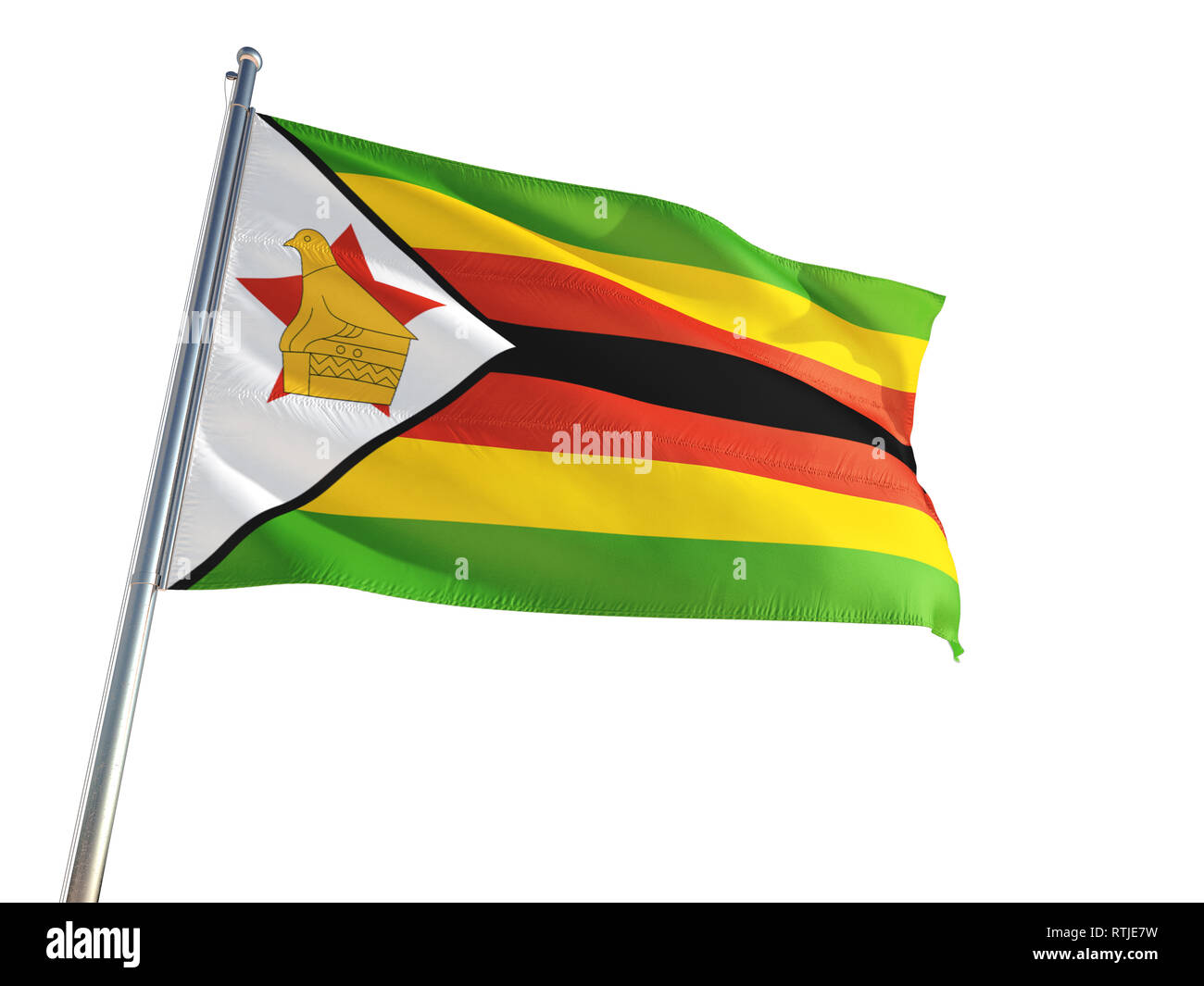 Zimbabwe National Flag waving in the wind, isolated white background ...
