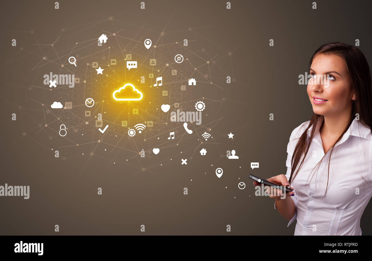 Young person using phone with cloud technology and online communication ...