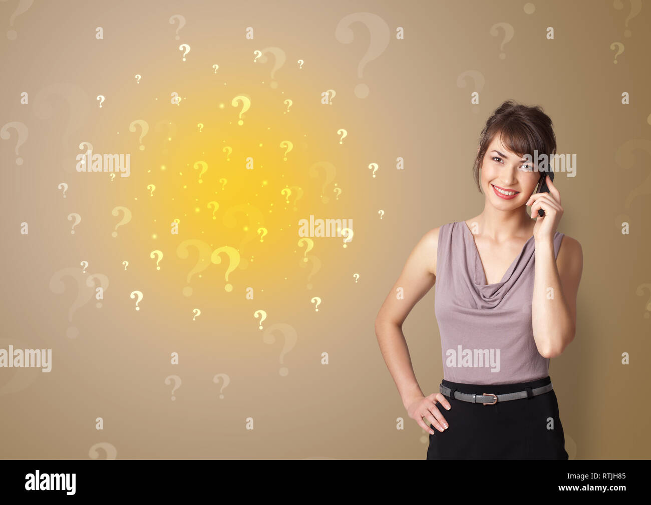 Young person presenting something with question sign concept Stock ...