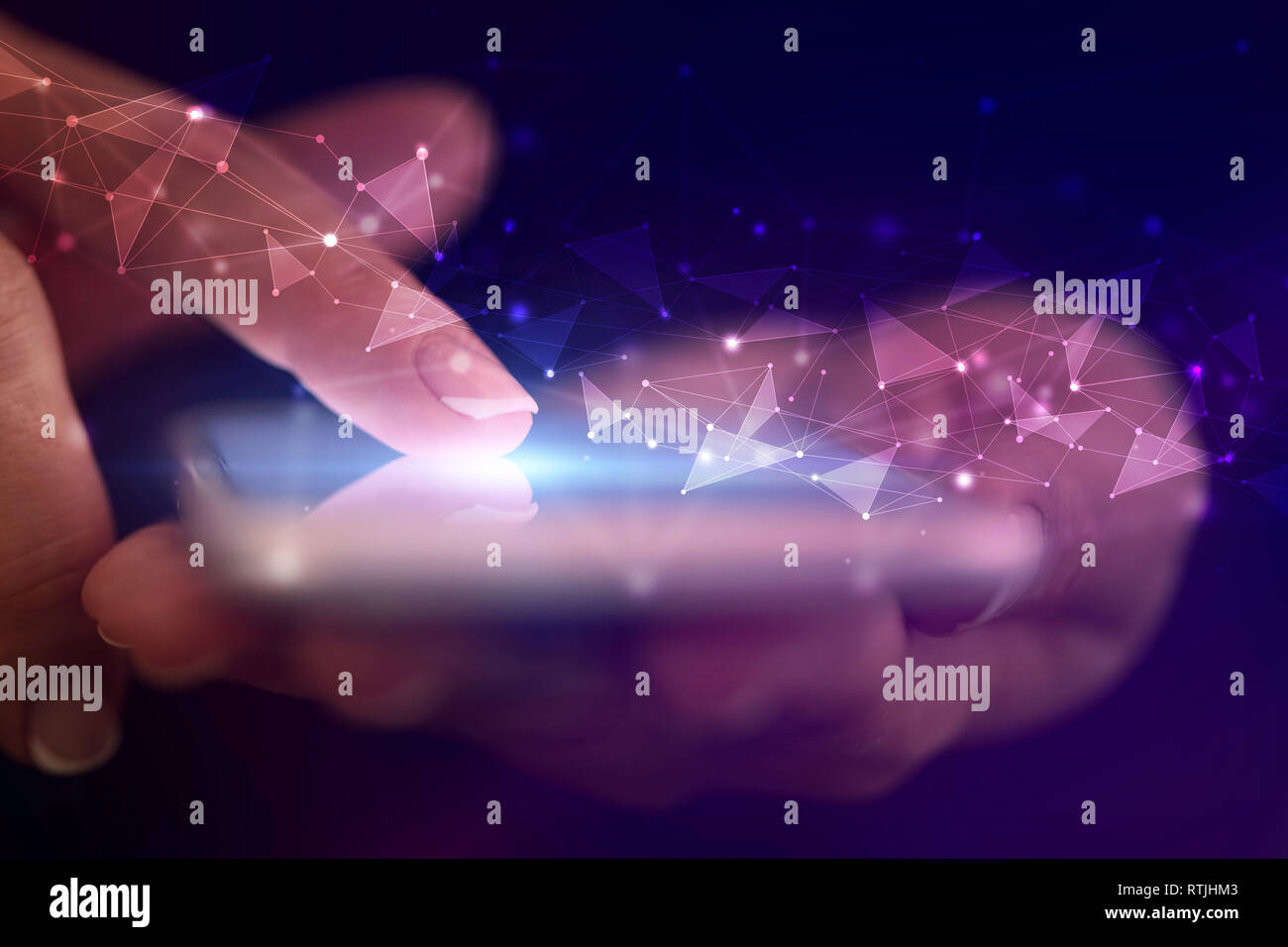 Finger touching phone with human network concept and dark background ...