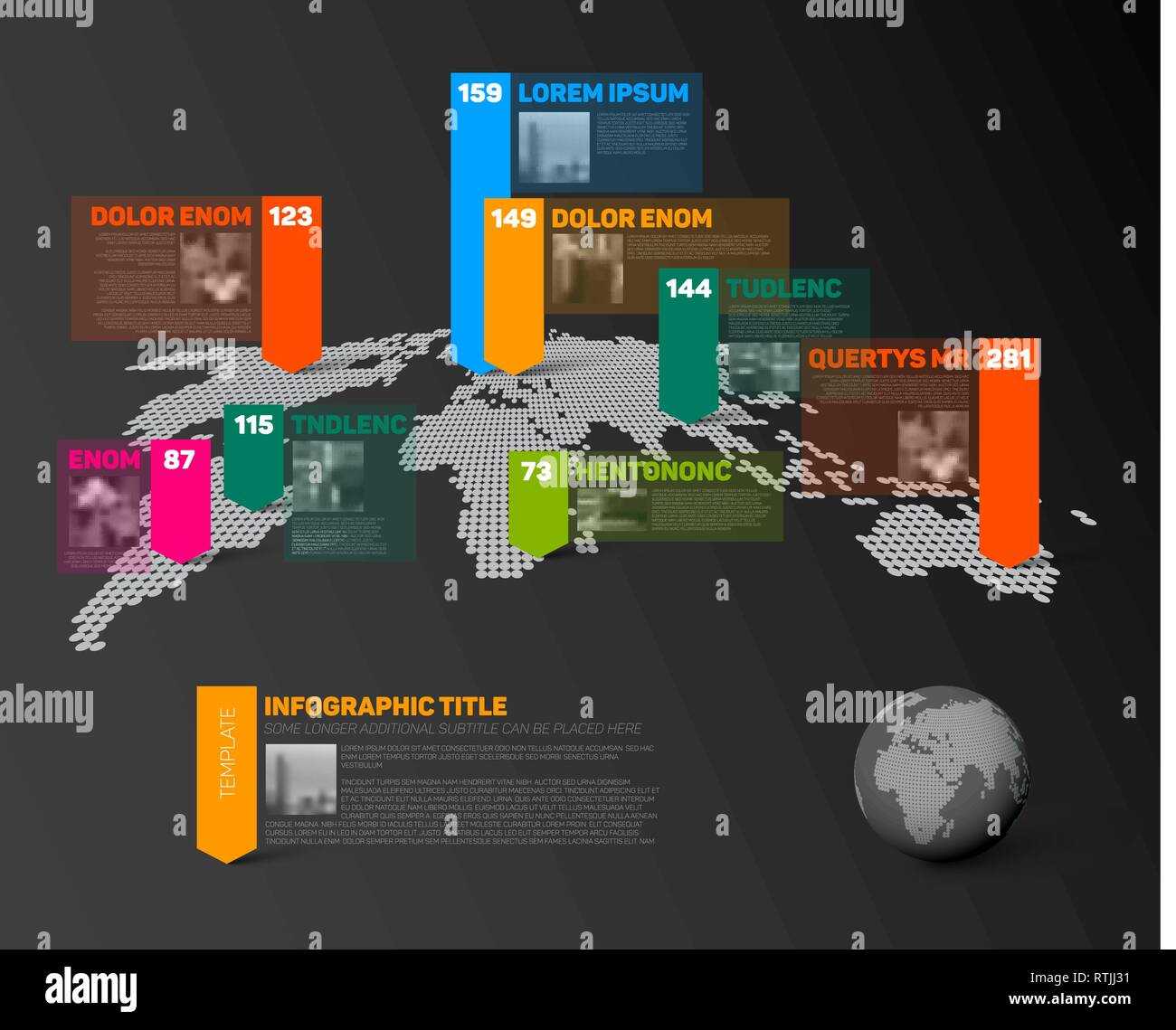 Dark World map infographic template with globe, color pointer marks, small photos and data ...