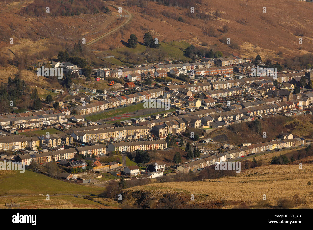 Views of valleys town Treorchy and Cwm Parc taken from the Bwlch in the ...