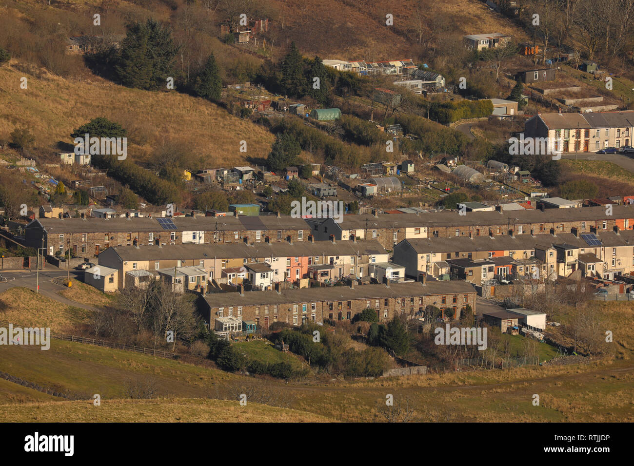Views of valleys town Treorchy and Cwm Parc taken from the Bwlch in the ...