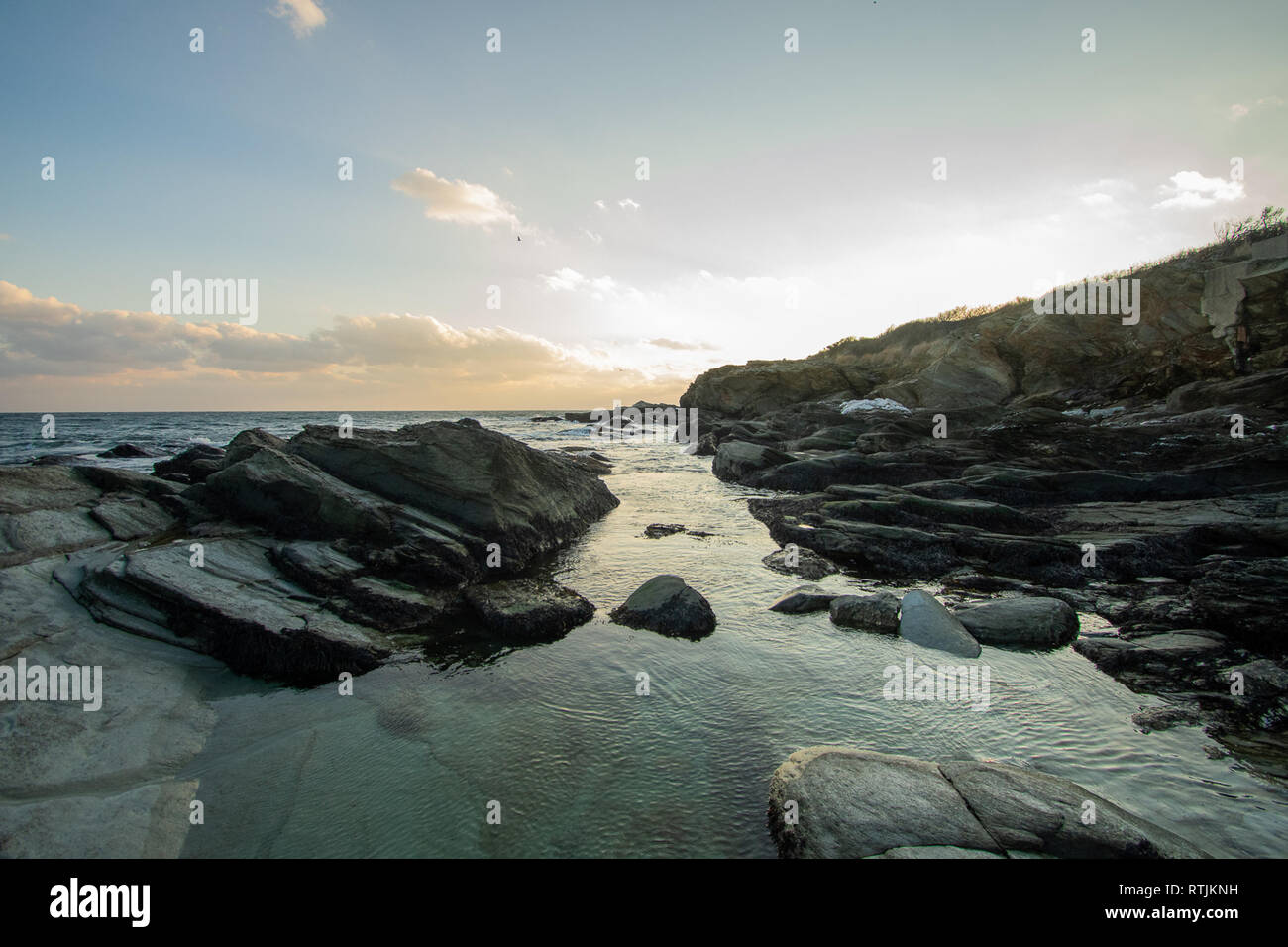 A rocky shoreline during low tide. Taken on a beach in Rhode Island ...