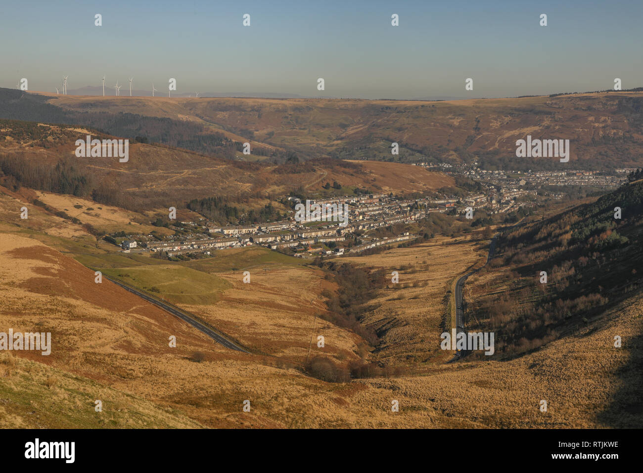 Views of valleys town Treorchy and Cwm Parc taken from the Bwlch in the ...