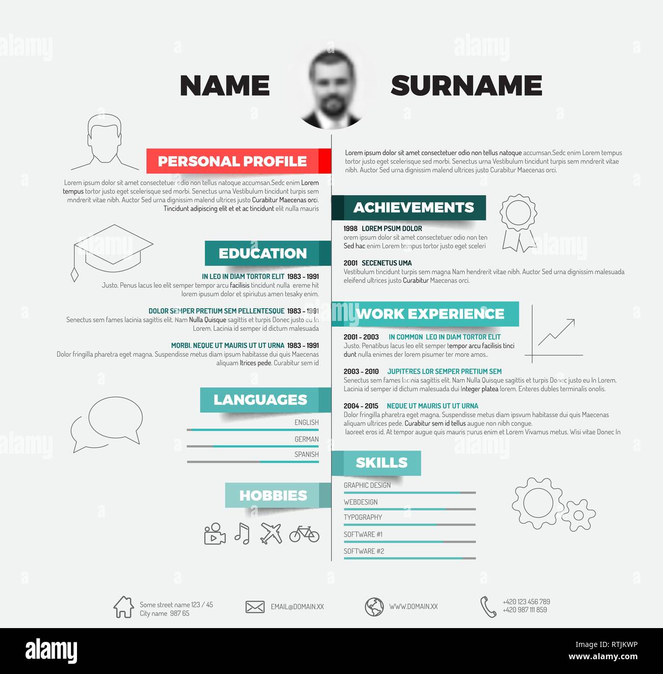 Vector minimalist cv / resume template with with red and teal labels ...
