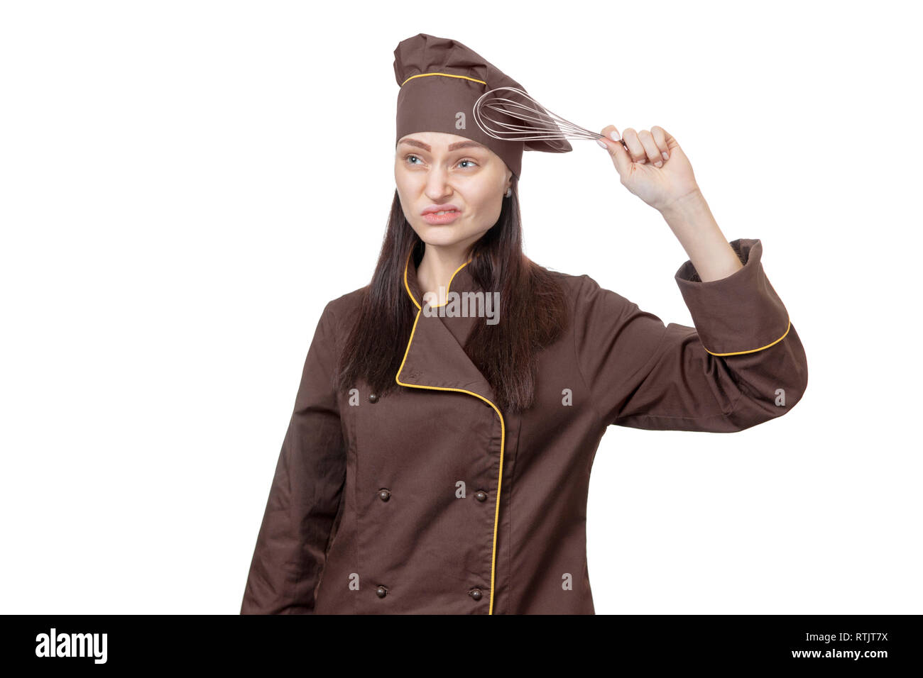 Pensive chef whisk scratches his head, isolated on white background ...