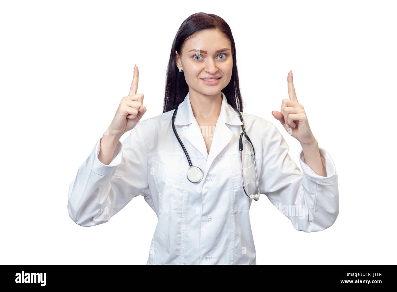 smiling doctor pointing with index fingers of two hands up, isolated on ...