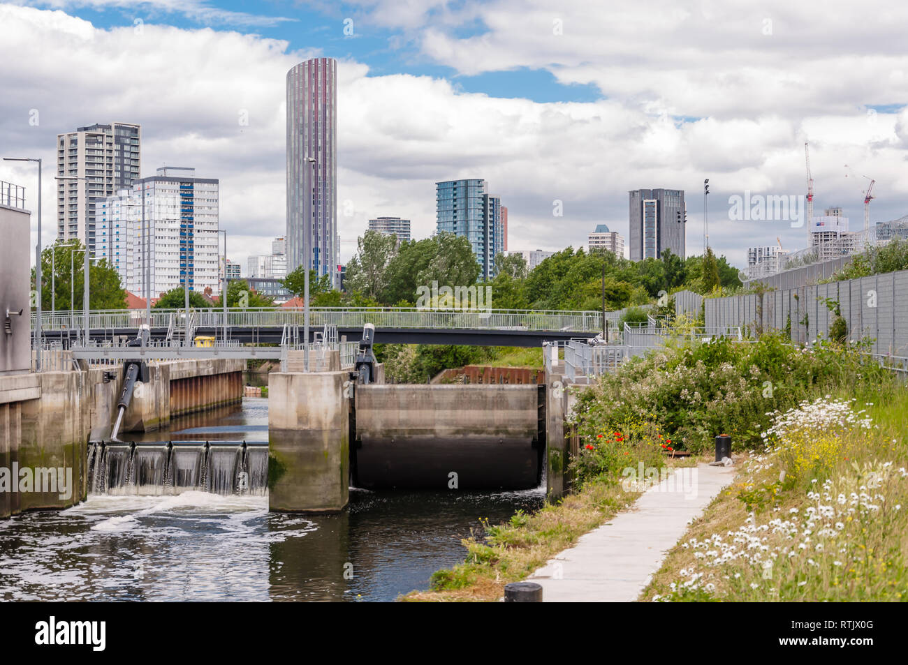 Stratford's changing skyline from the Bow Back Rivers,Three Mills Green ...