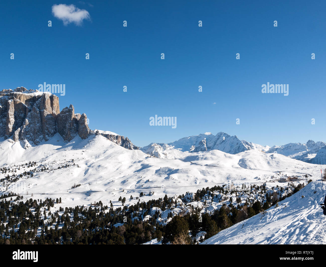 Skiing area in the Dolomites Alps. Overlooking the Sella group in Val ...