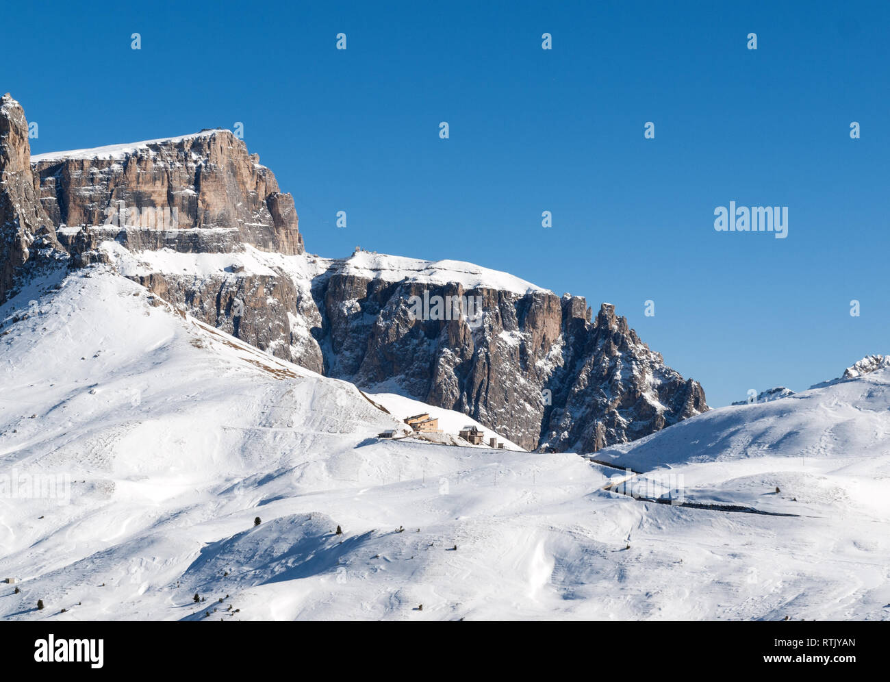 Skiing area in the Dolomites Alps. Overlooking the Sella group in Val ...