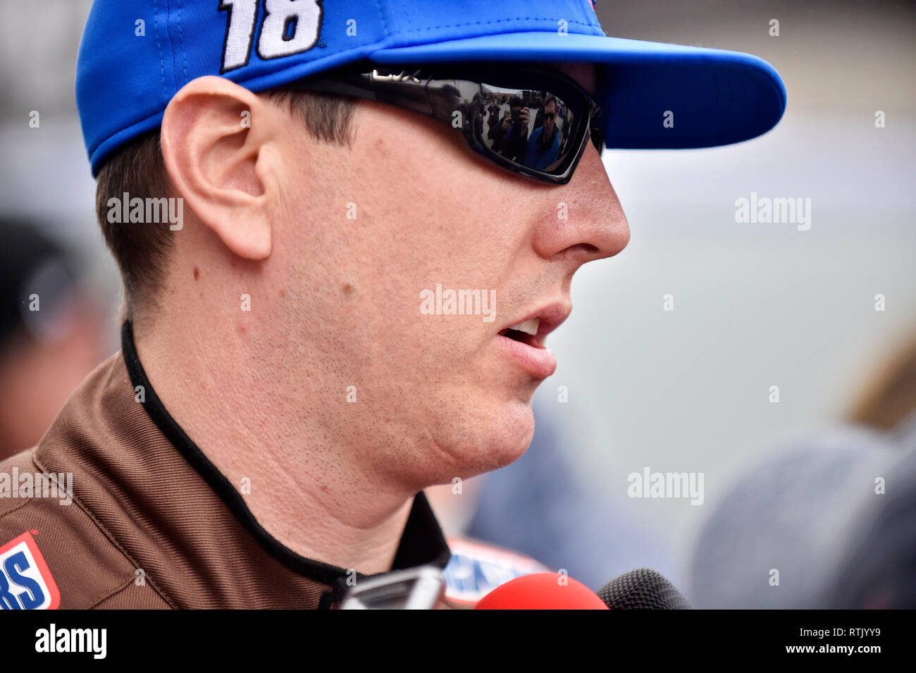 Hampton, GA, USA. 23rd Feb, 2018. Kyle Busch talks with reporters ...