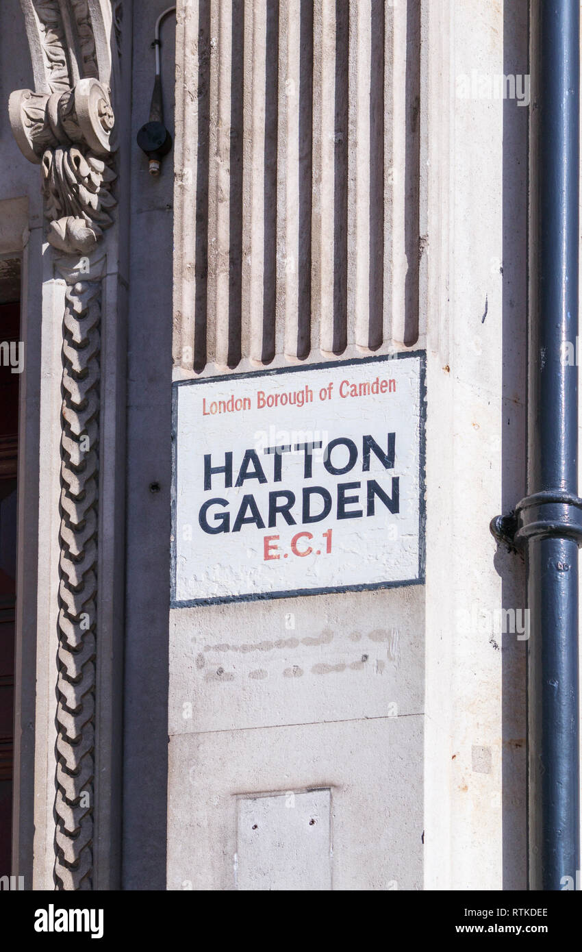 Painted street name sign at Hatton Garden, London Borough of Camden ...
