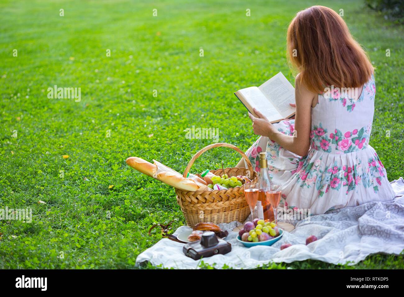 Summer - picnic in the meadow. girl sitting reading a book and near a ...