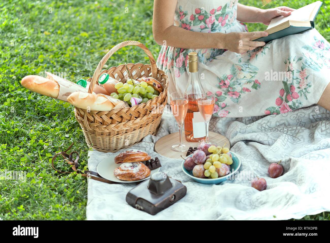 Summer - picnic in the meadow. girl sitting reading a book and near a ...