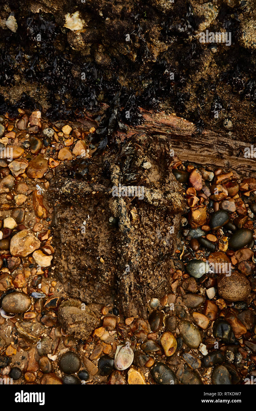 Rusted metal cross at low tide on the Kent coast, England, United ...