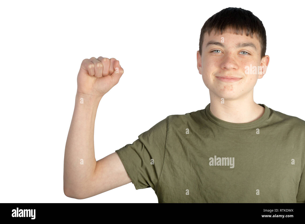 Caucasian teenage boy doing American Sign Language on one hand showing ...