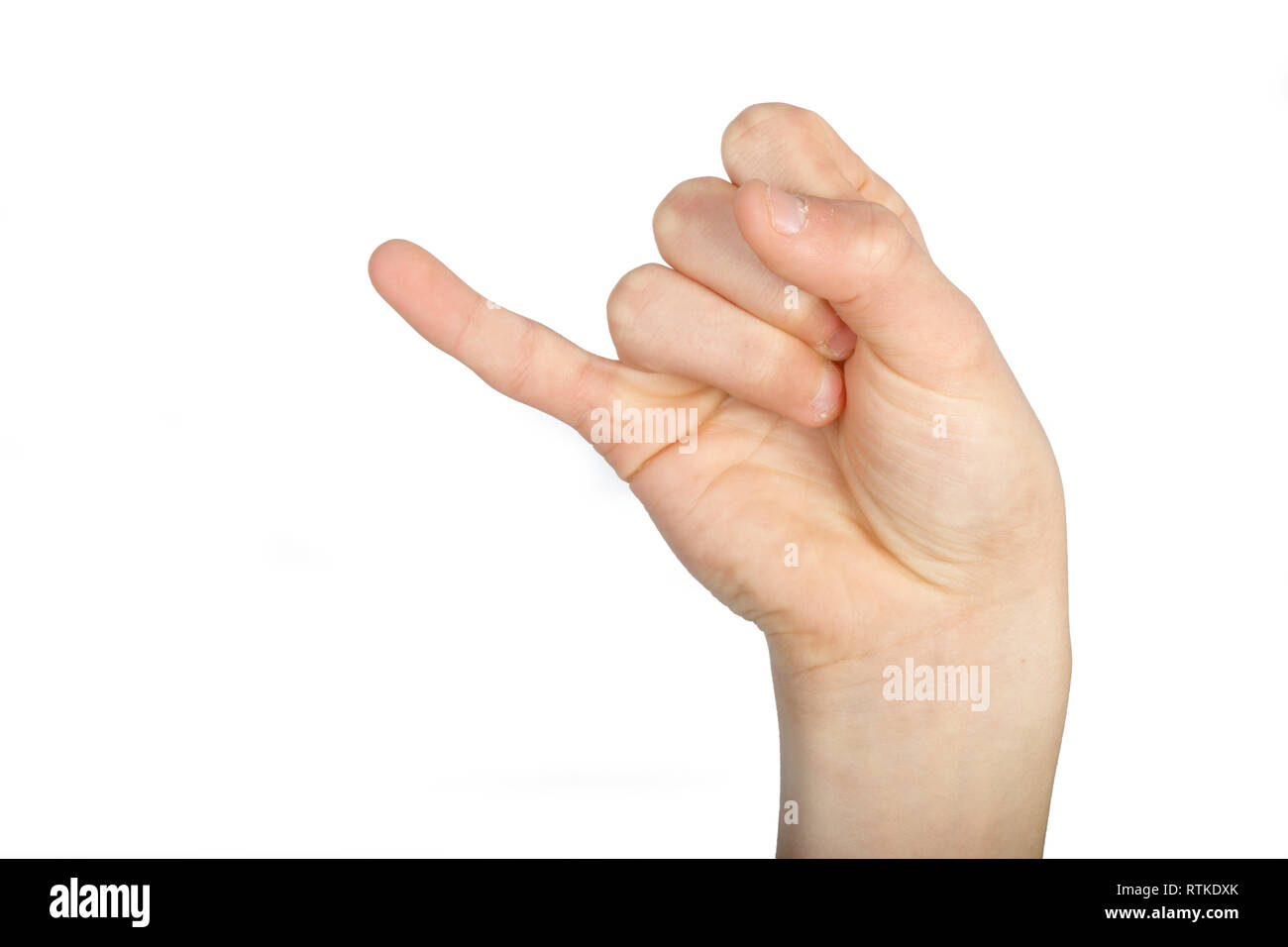 Caucasian hand doing American Sign Language showing the symbol for J ...