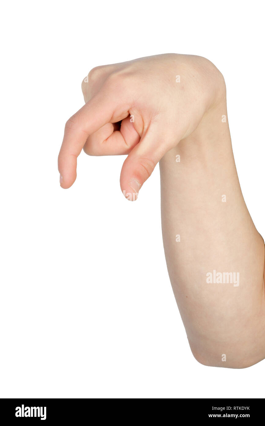 Caucasian hand doing American Sign Language showing the symbol for Q ...