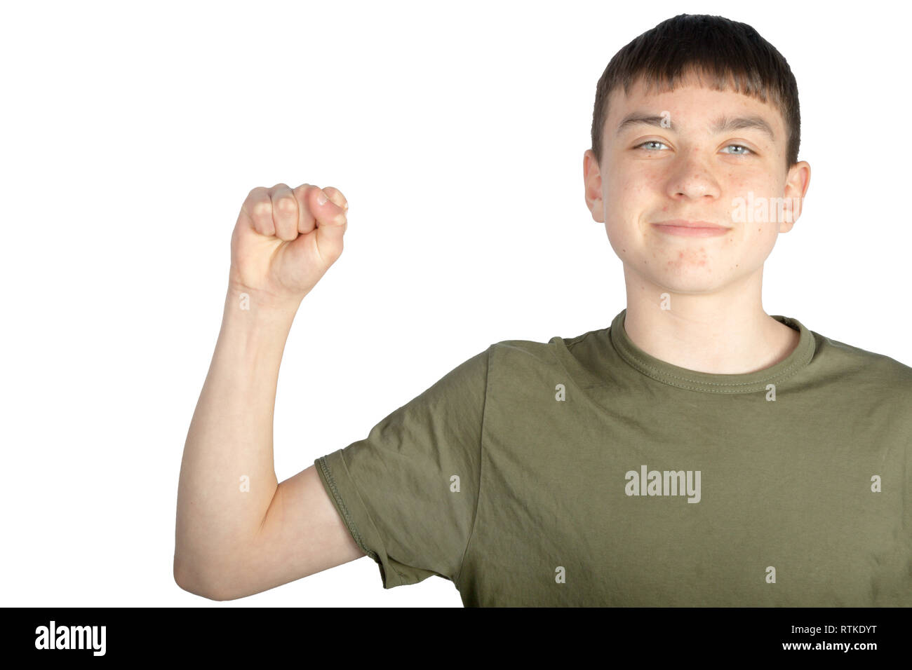 Caucasian teenage boy doing American Sign Language on one hand showing ...