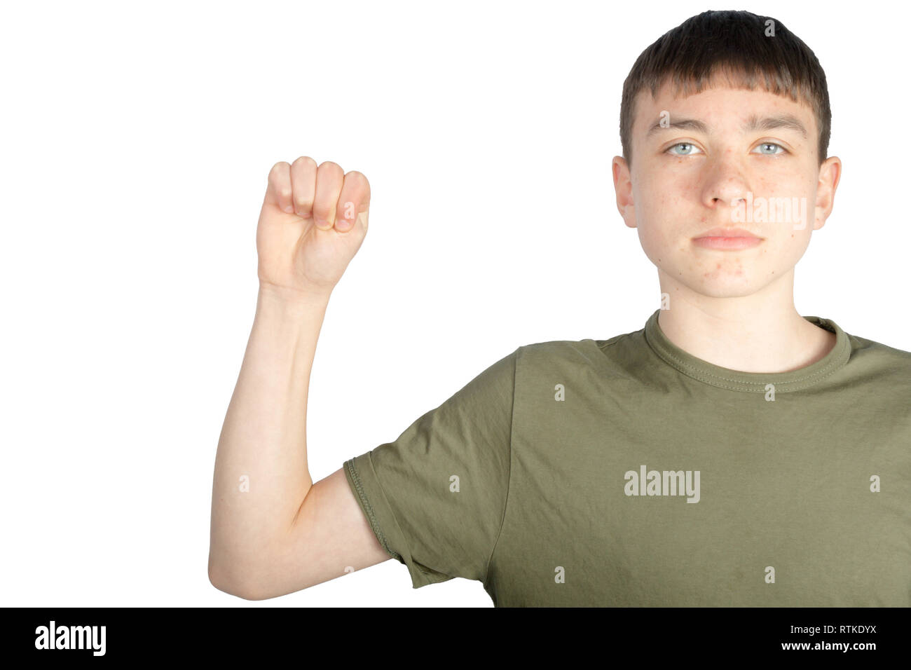 Caucasian teenage boy doing American Sign Language on one hand showing ...
