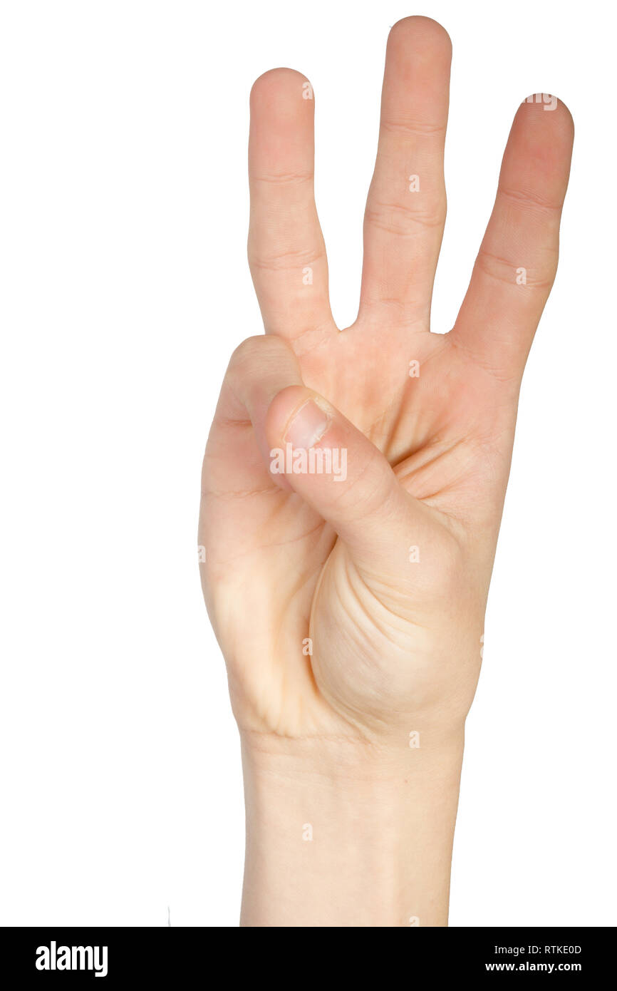 Caucasian hand doing American Sign Language showing the symbol for W ...