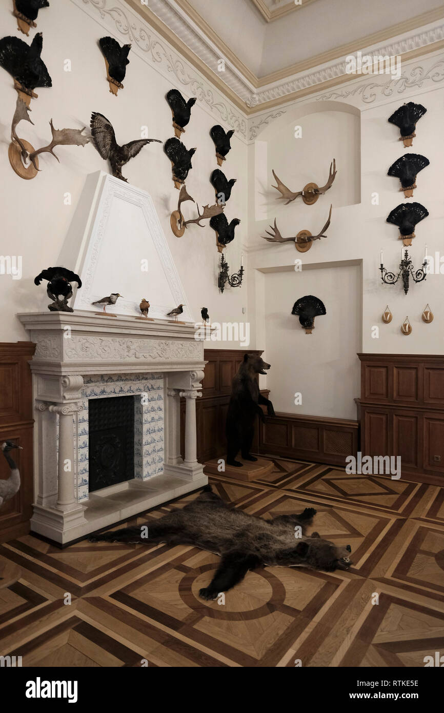 Trophy hunting decorates the Hunting Hall at the Niasviz or Nesvizh ...