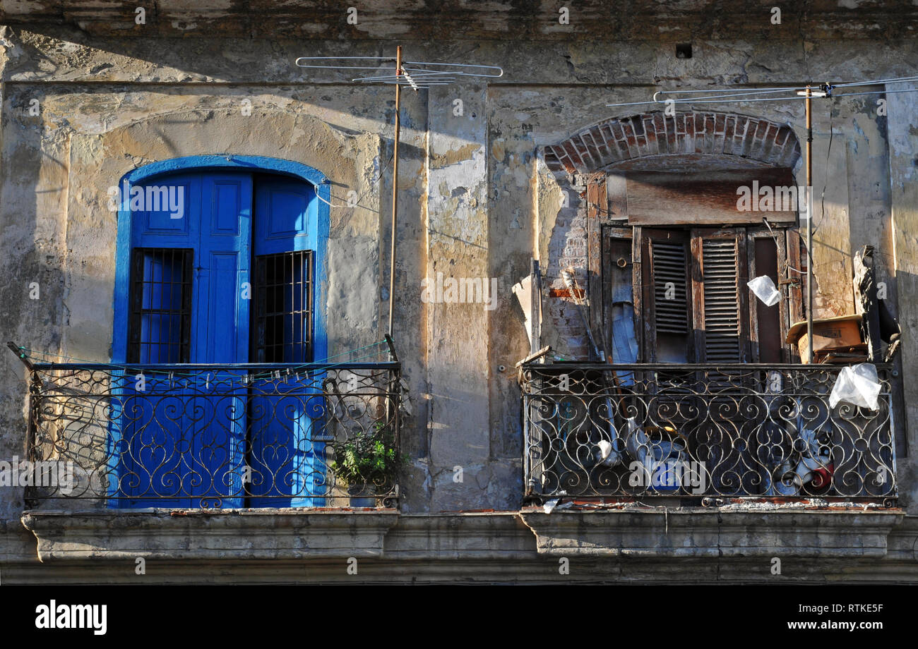 Detail of the balconies of neighboring residential units at an old ...
