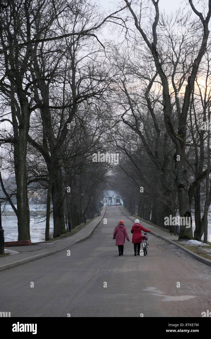 Visitors walking at the complex of the Niasviz or Nesvizh Castle a ...