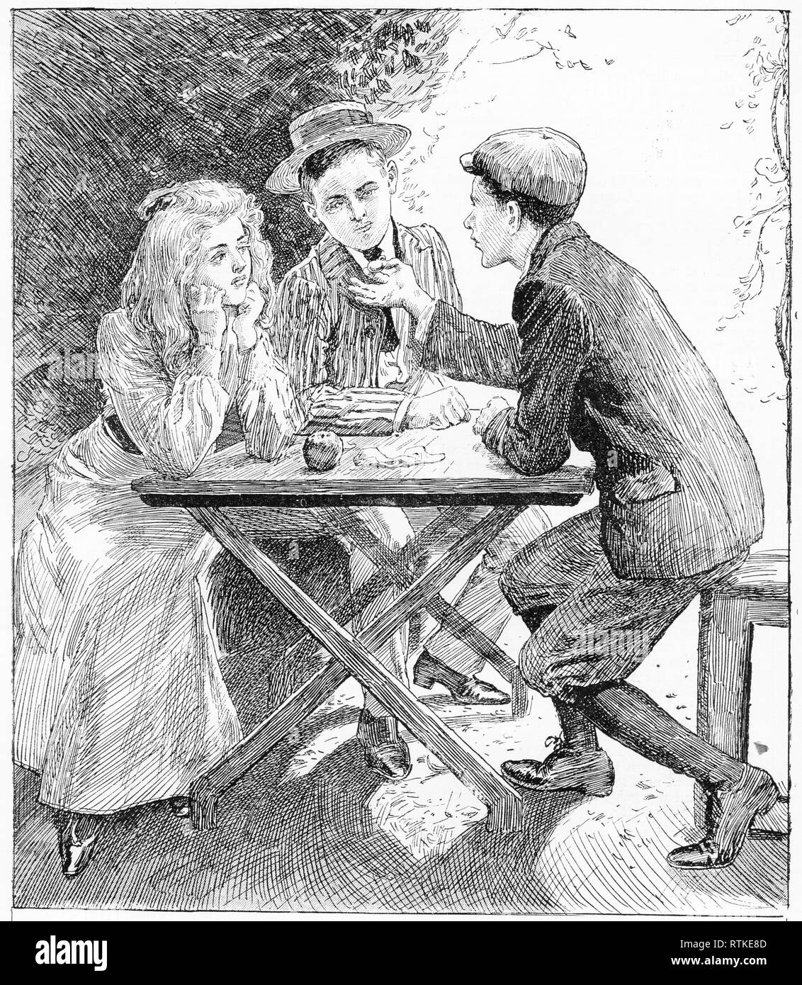 Engraving of three children discussing some trinket over a table in the ...