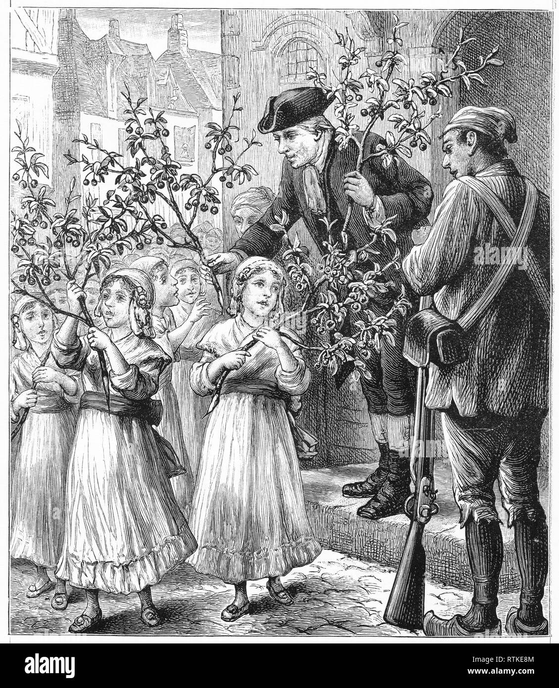 Engraving of girls with cherry tree branches for a celebration day in ...
