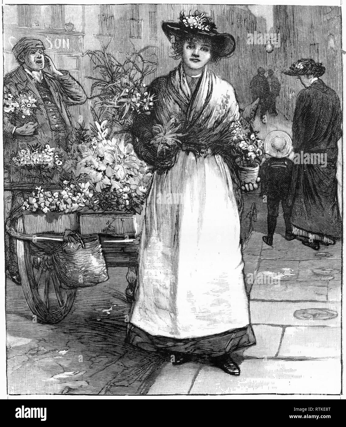 Engraving of a flower girl selling her goods in the streets of London ...