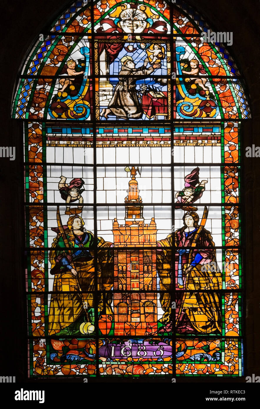 Stained-glass window inside the Seville Gothic cathedral, Seville ...