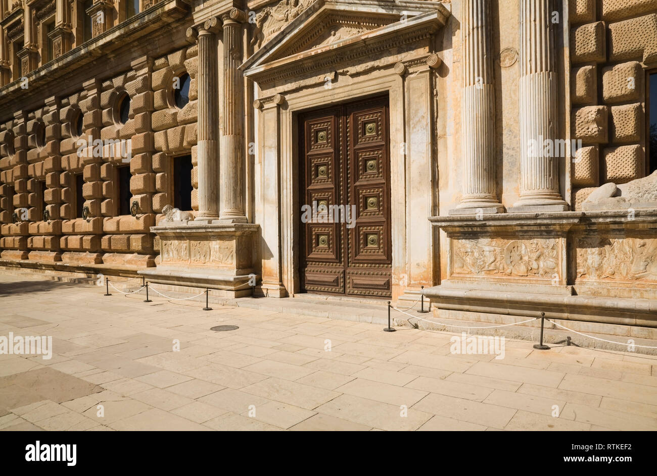 Entrance door to the palace of Charles the V on the Alhambra palace ...