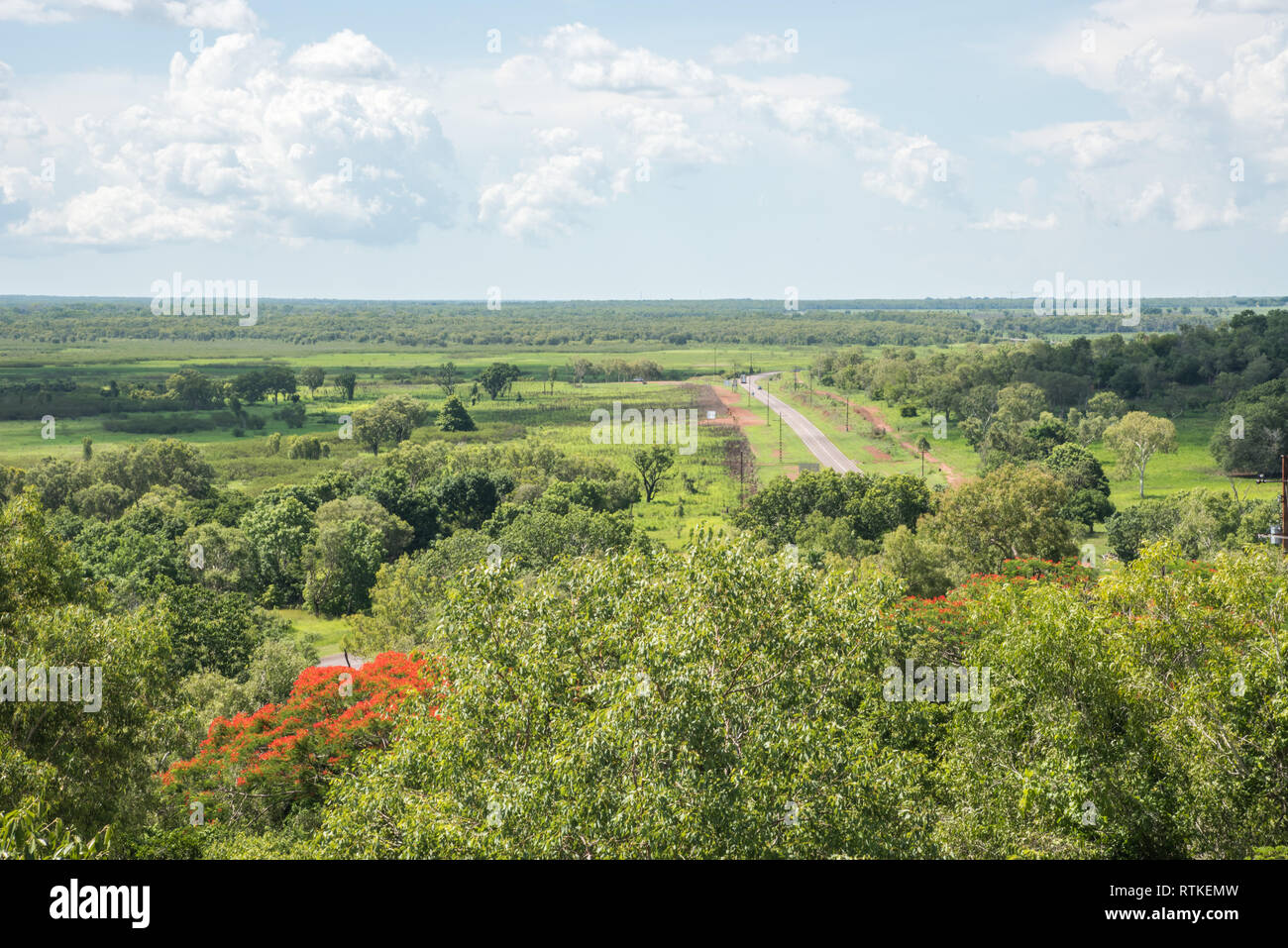 Tropical countryside with lush greenery and rural road in rural Middle ...